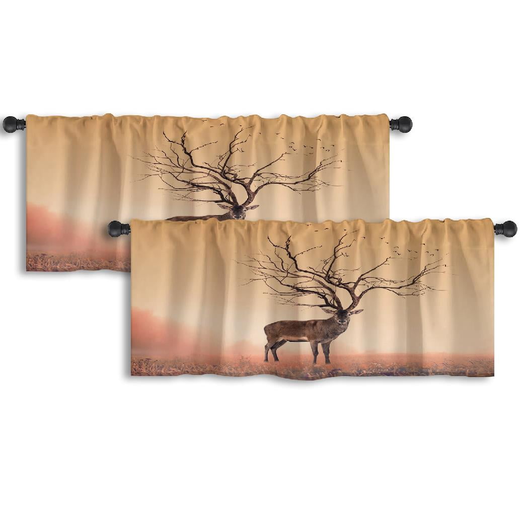 LALILO Kitchen Curtain Valance Deer Stag Tree Red Deer Stag Rod Pocket ...