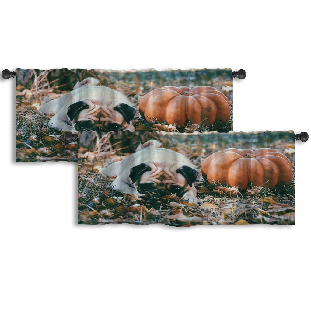 LALILO Kitchen Curtain Valance Dog Pug Autumn Leaves With Rod Pocket ...