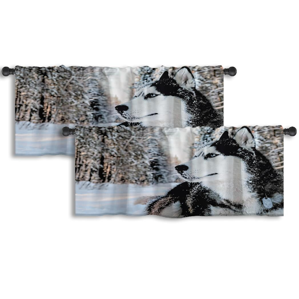 LALILO Kitchen Curtain Valance Dog Snow With Blue Eyes Winter Rod ...