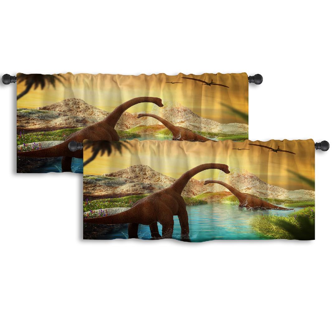 LALILO Kitchen Curtain Valance Fantasy Landscape With Dinosaur Rod ...