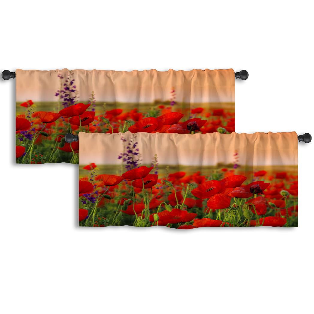 LALILO Kitchen Curtain Valance Field Poppies Sunset Landscape Rod ...