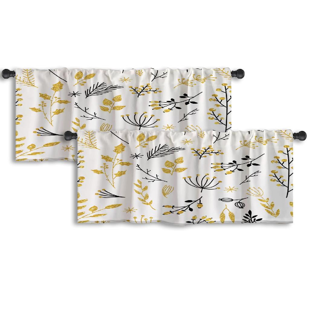 LALILO Kitchen Curtain Valance Gold Floral Glitter With Rod Pocket ...