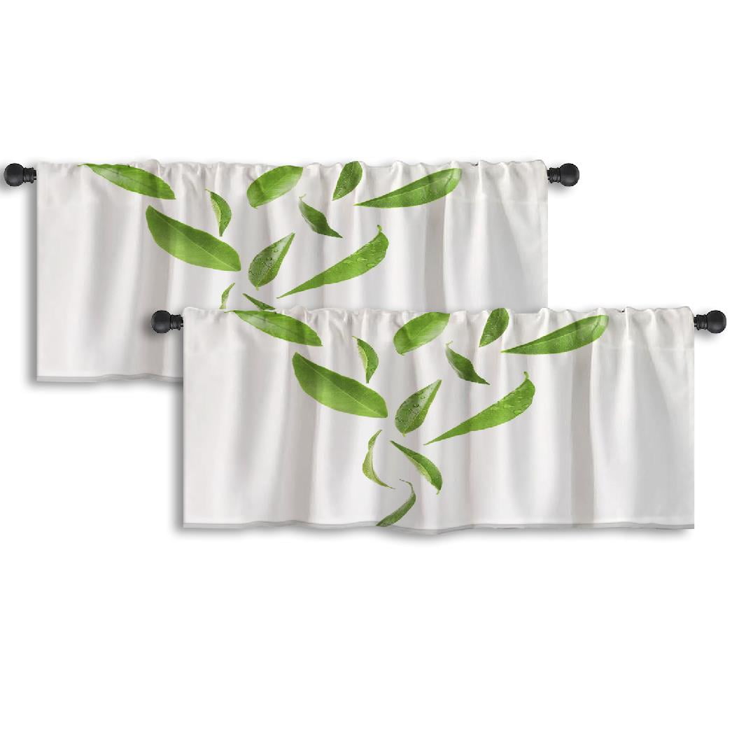 LALILO Kitchen Curtain Valance Green Leaves White Leaf Rod Pocket ...