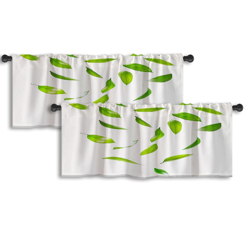 LALILO Kitchen Curtain Valance Green Leaves White Rod Pocket Window ...