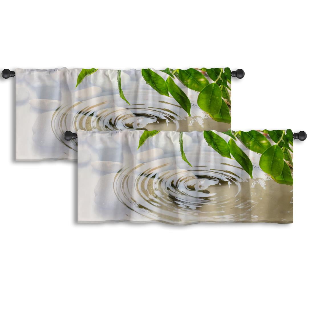 LALILO Kitchen Curtain Valance Green Leaves With Water Clean Rod Pocket ...