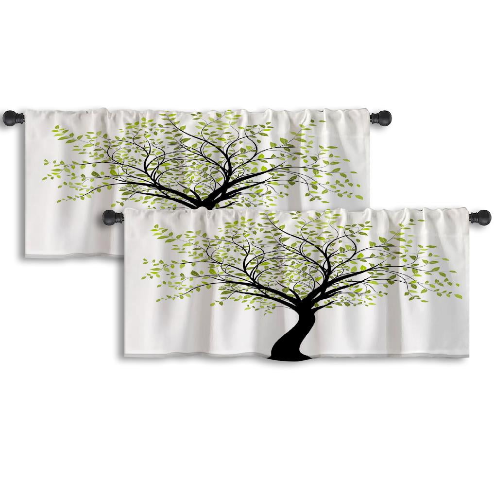 LALILO Kitchen Curtain Valance Green Tree White With Foliage Rod Pocket ...
