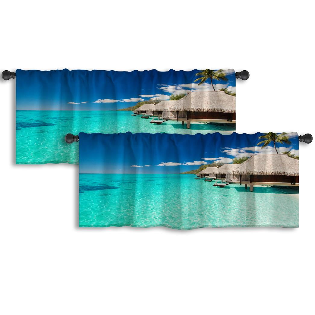 LALILO Kitchen Curtain Valance Green Tropical Beach With Steps Rod ...