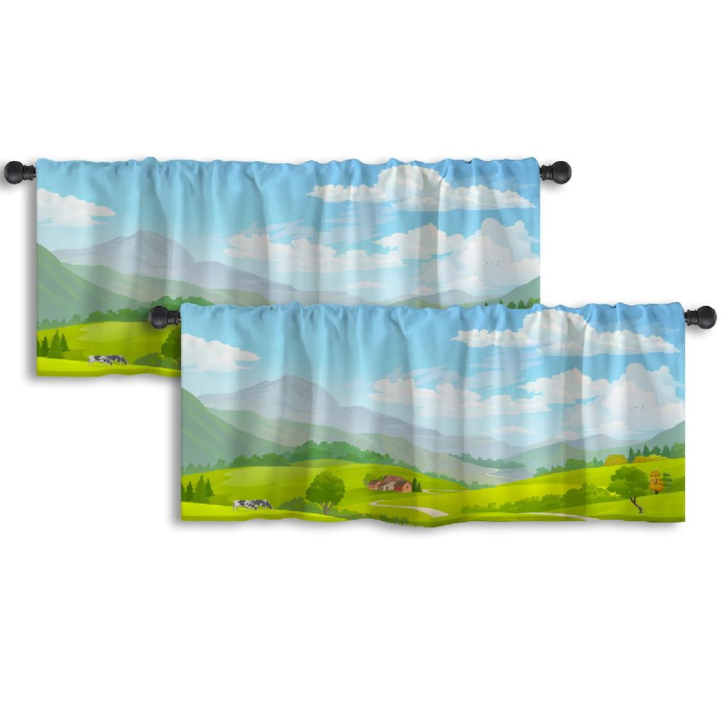 LALILO Kitchen Curtain Valance Green With Mountains Mountain Rod Pocket ...
