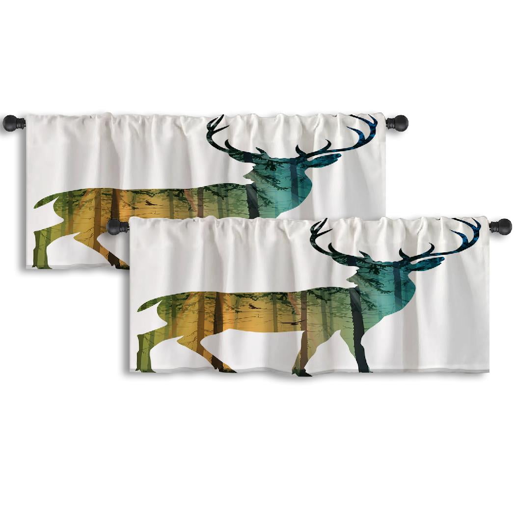 LALILO Kitchen Curtain Valance Hunting Deer With Pine Forest Rod Pocket ...