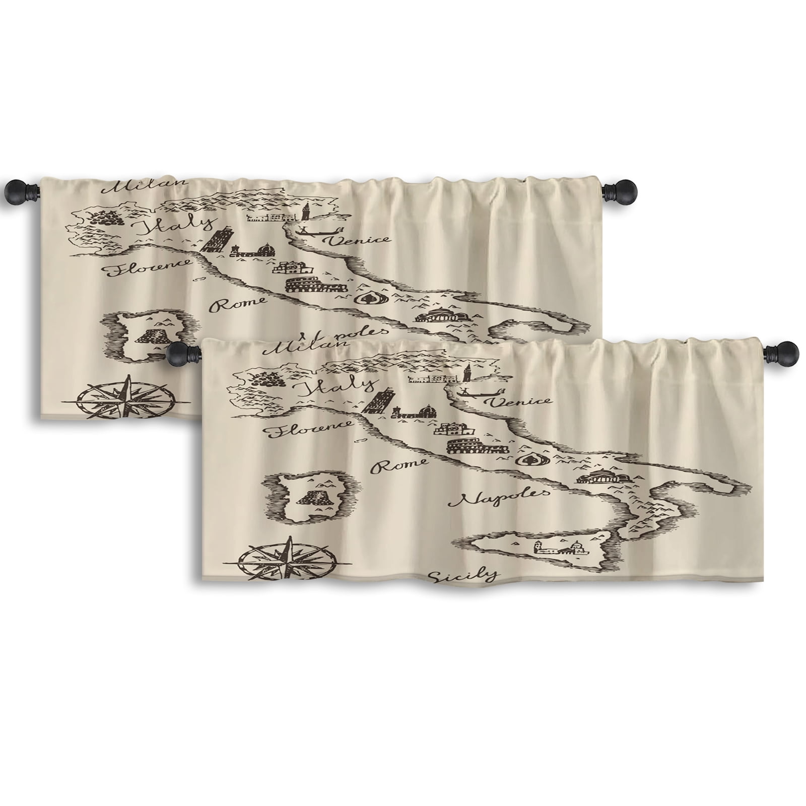 LALILO Kitchen Curtain Valance Italian Map School Rod Pocket Window ...