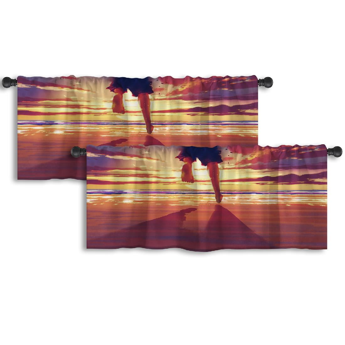LALILO Kitchen Curtain Valance Man Running Beach Sunrise Rod Pocket ...