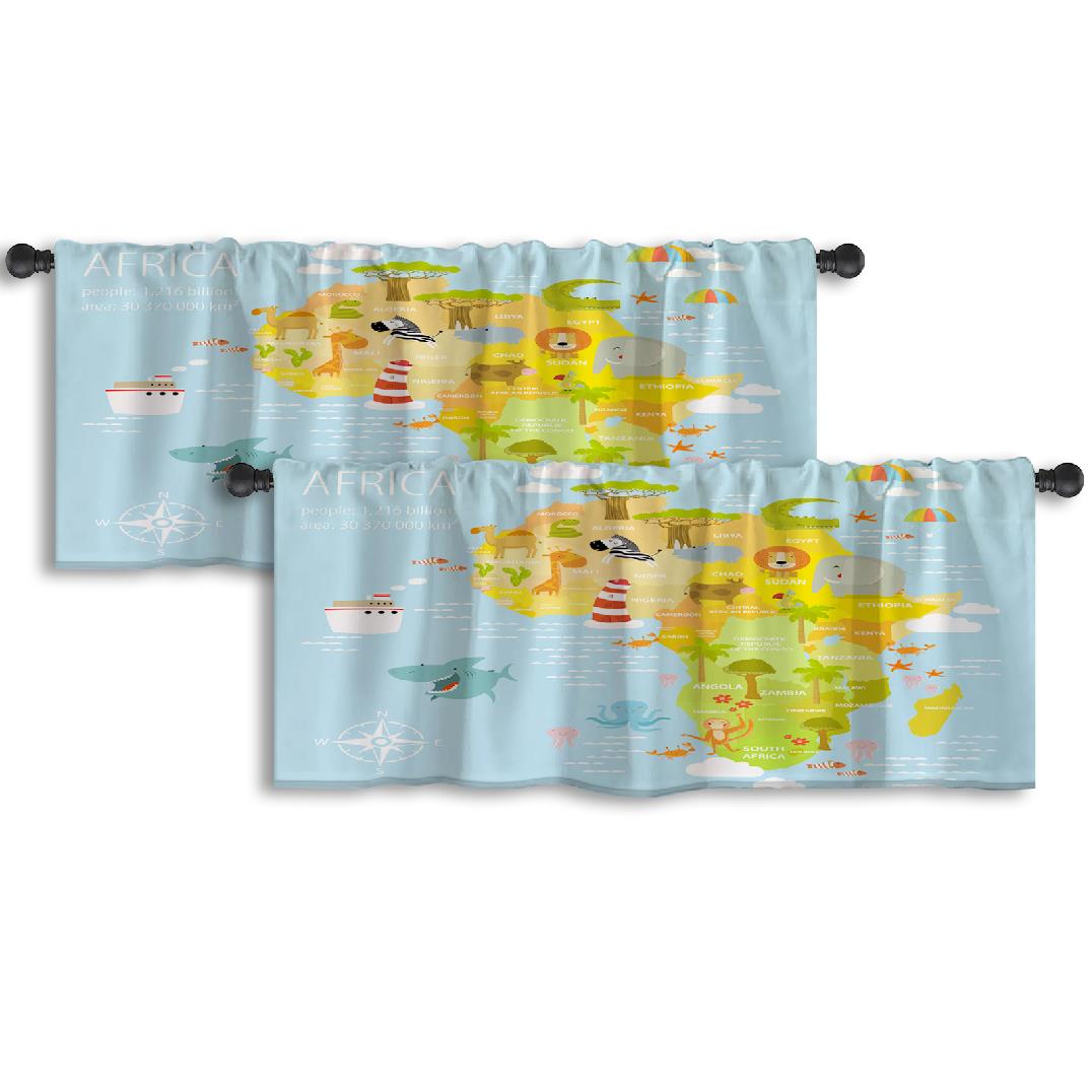LALILO Kitchen Curtain Valance Map Africa Lion Elephant Monkey Rod ...