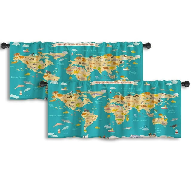 LALILO Kitchen Curtain Valance Map Animal Kid World Child Map Rod ...