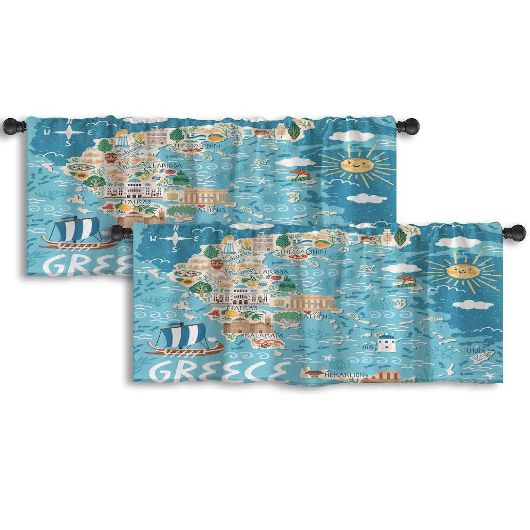 LALILO Kitchen Curtain Valance Map Travel With Greek Building Rod ...