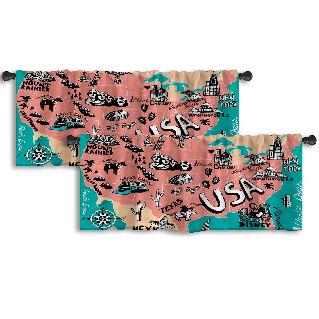 LALILO Kitchen Curtain Valance Map Usa Map Road Trip Travel Rod Pocket ...
