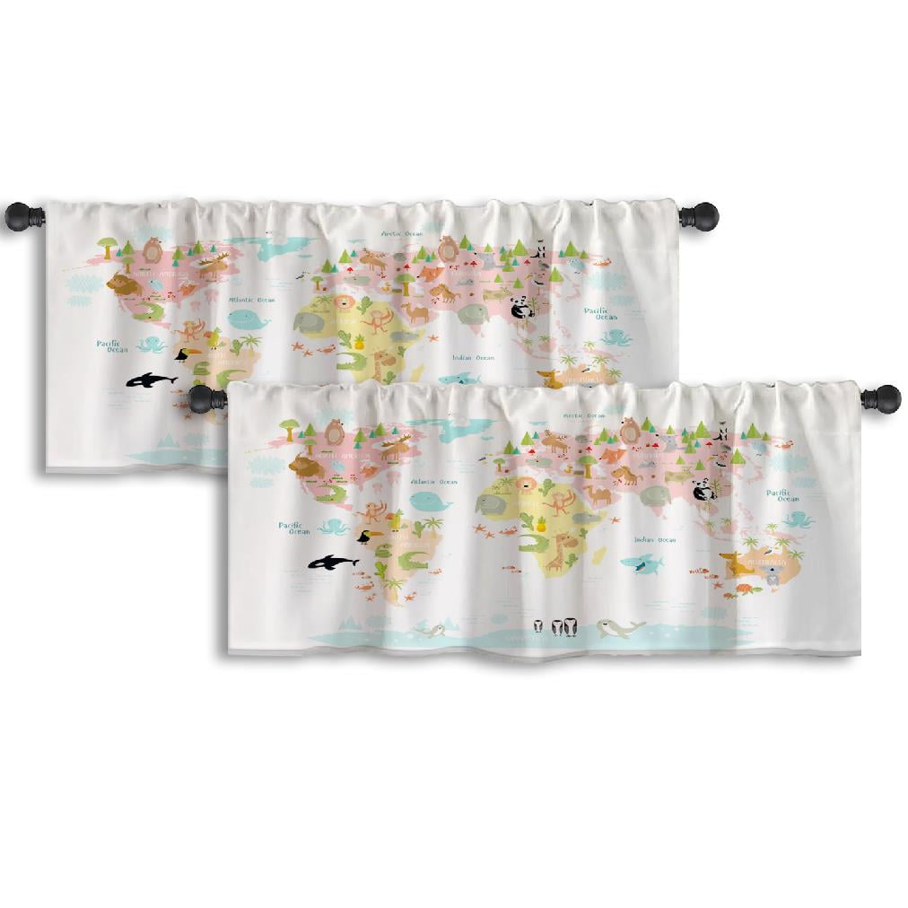LALILO Kitchen Curtain Valance Map World With Cartoon Animals Rod ...
