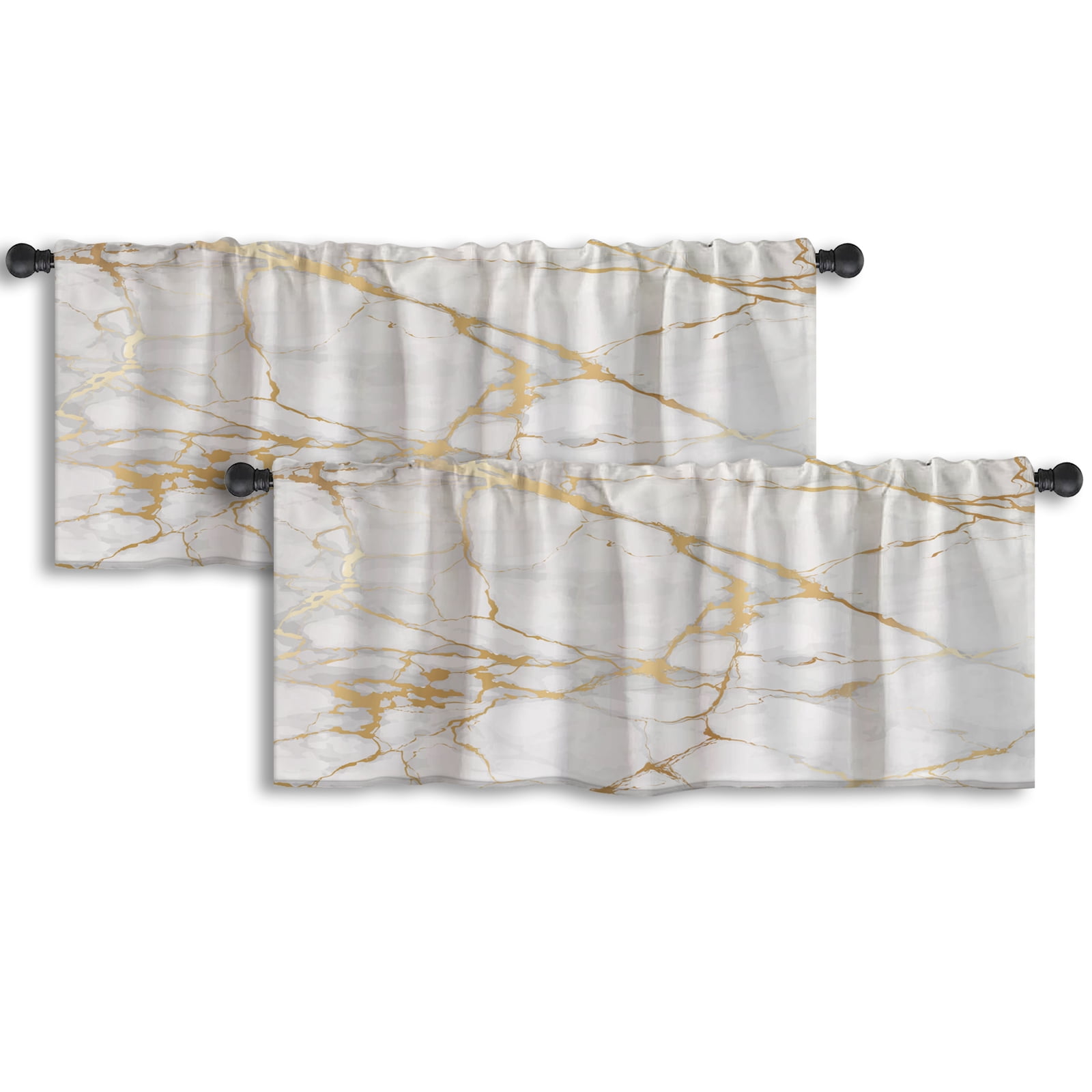 LALILO Kitchen Curtain Valance Marble Golden Gold Rod Pocket Window ...