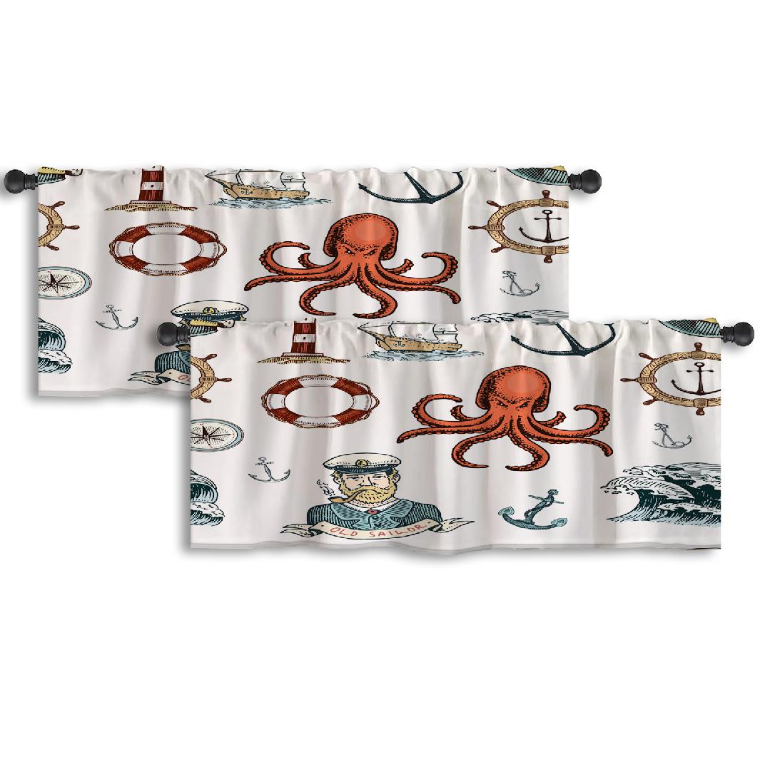 LALILO Kitchen Curtain Valance Marine And Nautical Sea Ocean Rod Pocket ...