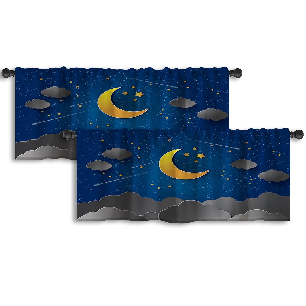 LALILO Kitchen Curtain Valance Moon And Stars Art Moon Star Rod Pocket ...