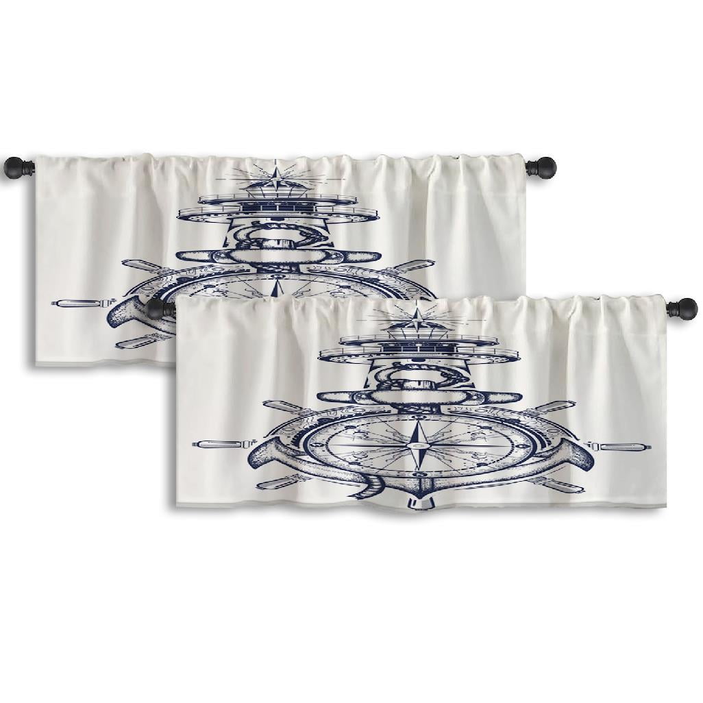 LALILO Kitchen Curtain Valance Navy Sketch Nautical Anchor Rod Pocket ...