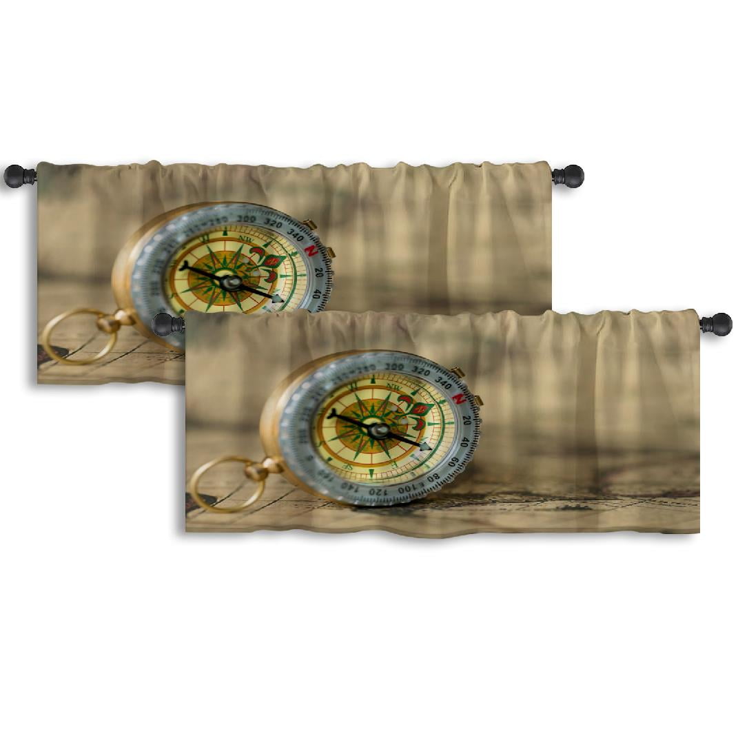 LALILO Kitchen Curtain Valance Old Compass Vintage Map Retro Rod Pocket ...