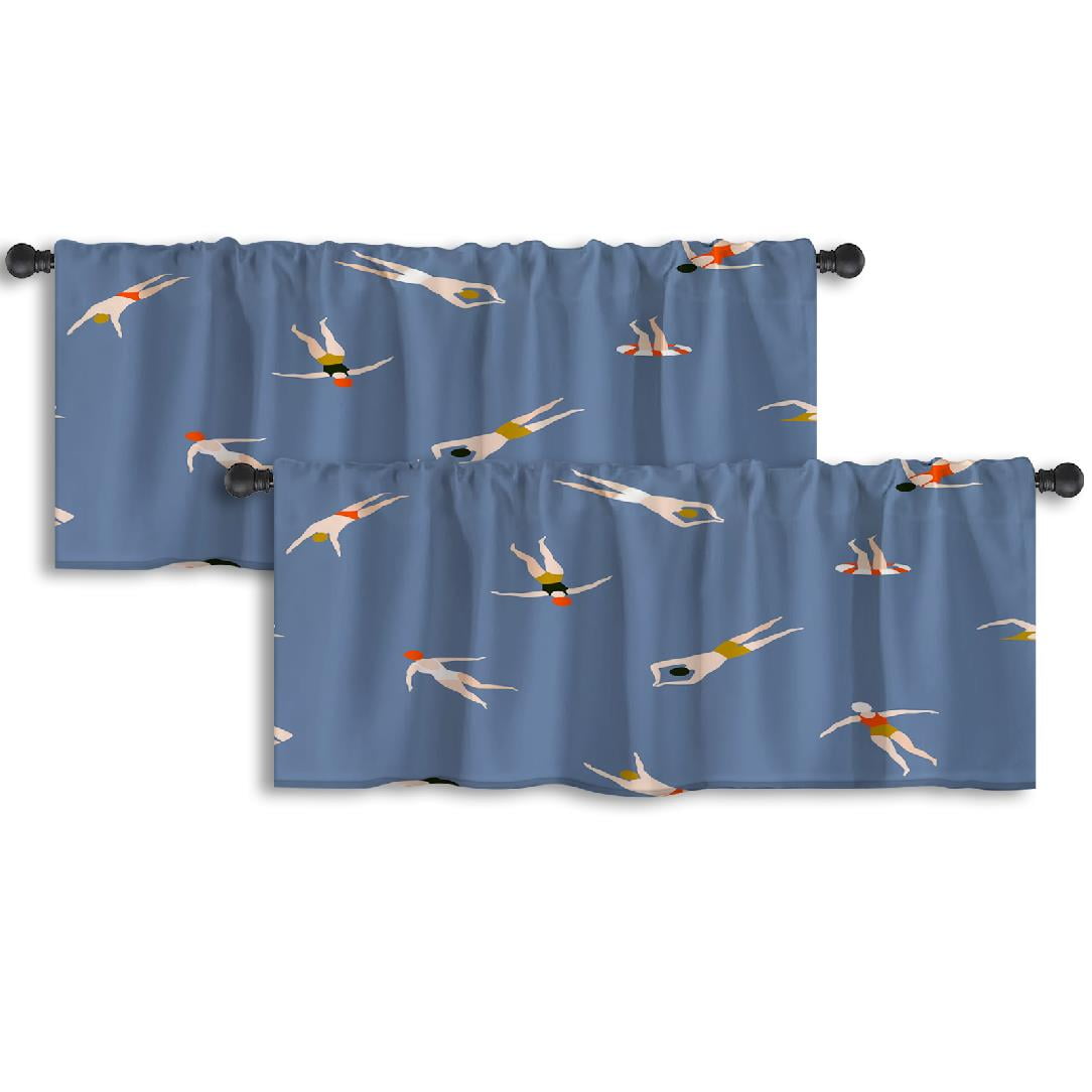 LALILO Kitchen Curtain Valance People Swimming Summer Rod Pocket Window ...