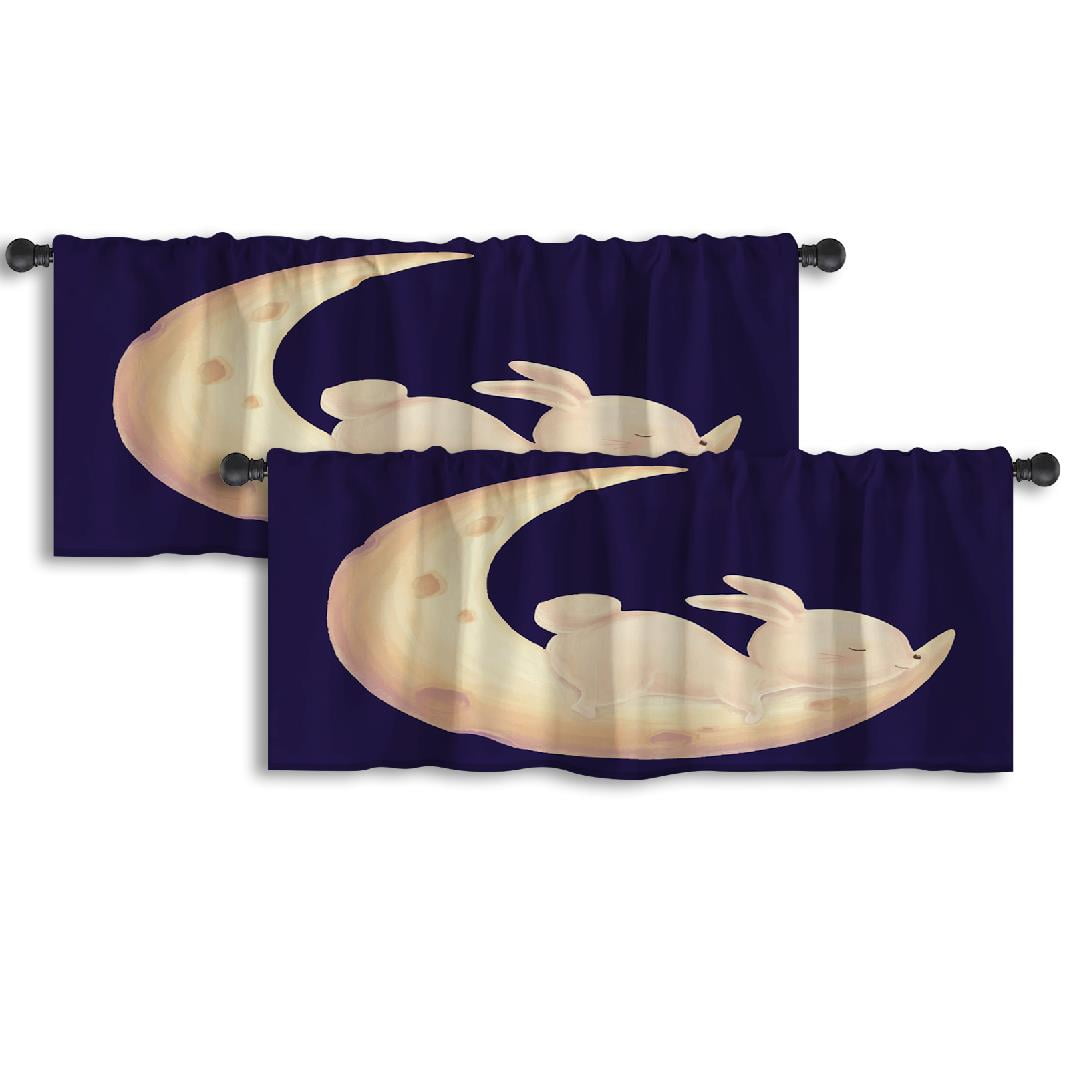 LALILO Kitchen Curtain Valance Rabbit Sleep Moon Cute Rod Pocket Window ...