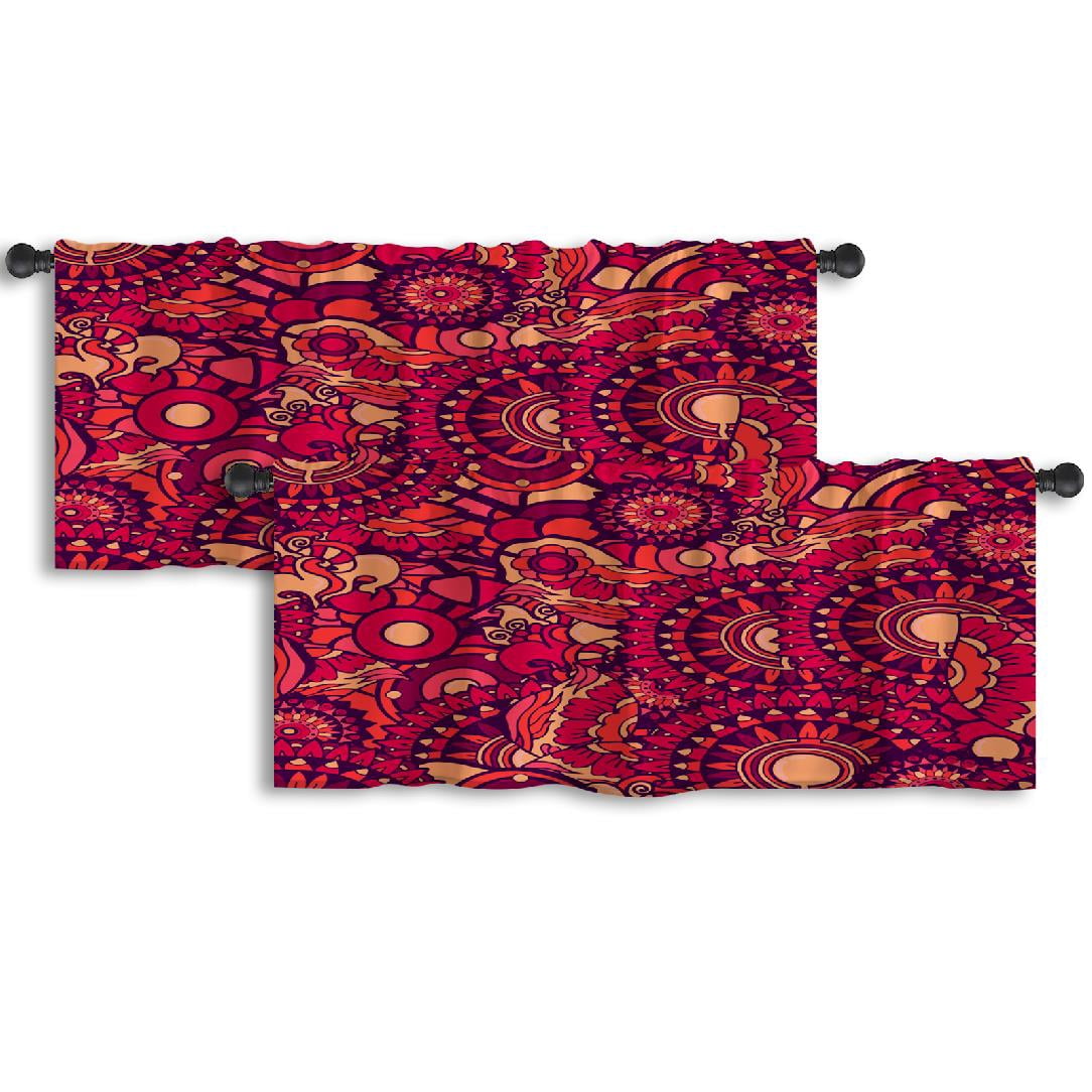LALILO Kitchen Curtain Valance Red Doodle Floral Ornament And Rod ...