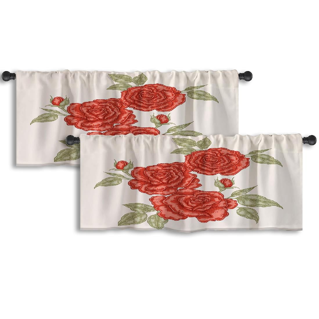 LALILO Kitchen Curtain Valance Red Rose Flowers And Rod Pocket Window ...