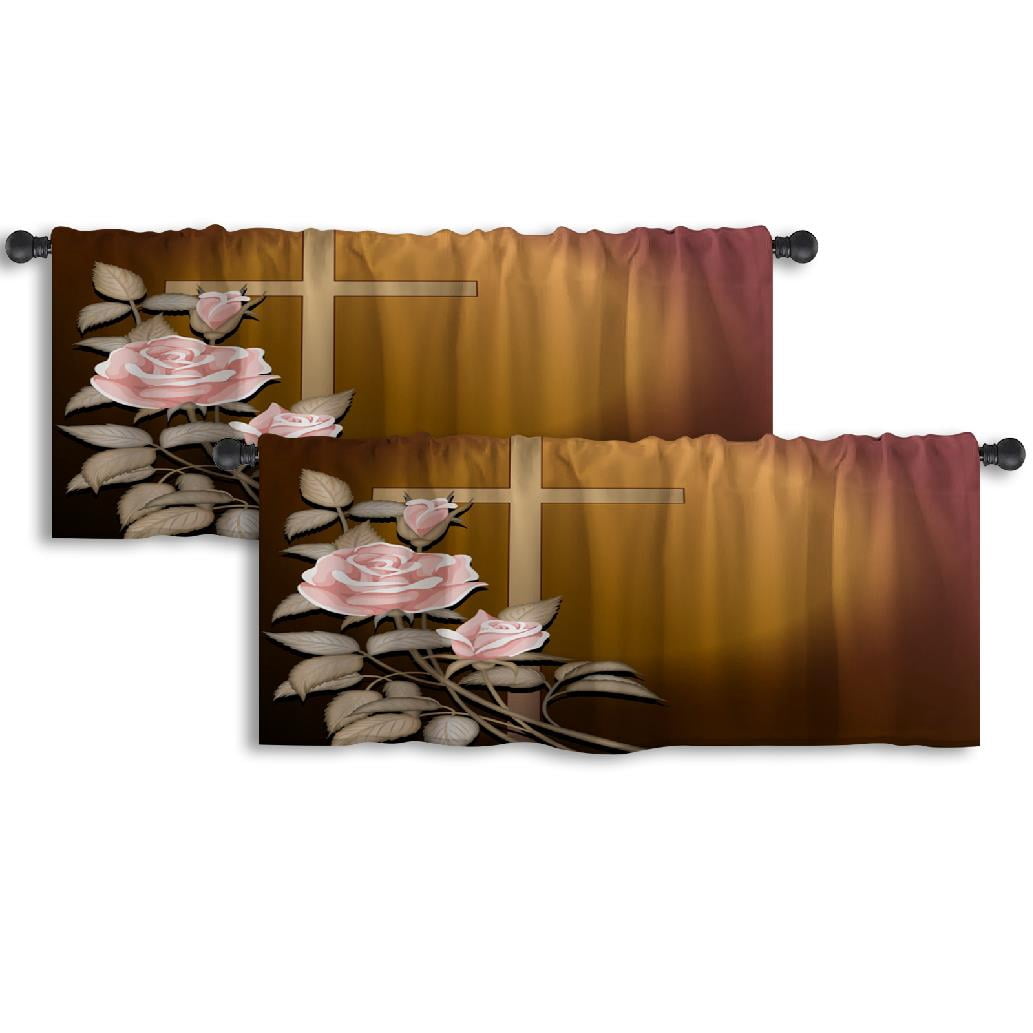 LALILO Kitchen Curtain Valance Rose With Cross Brown With Rod Pocket ...