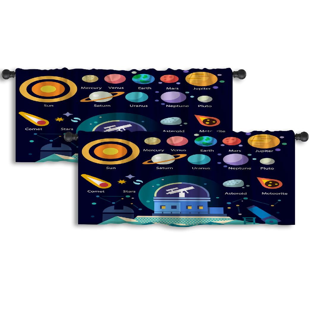 LALILO Kitchen Curtain Valance Solar System Planets And Rod Pocket Window Curtain 52"x 18" Set ...