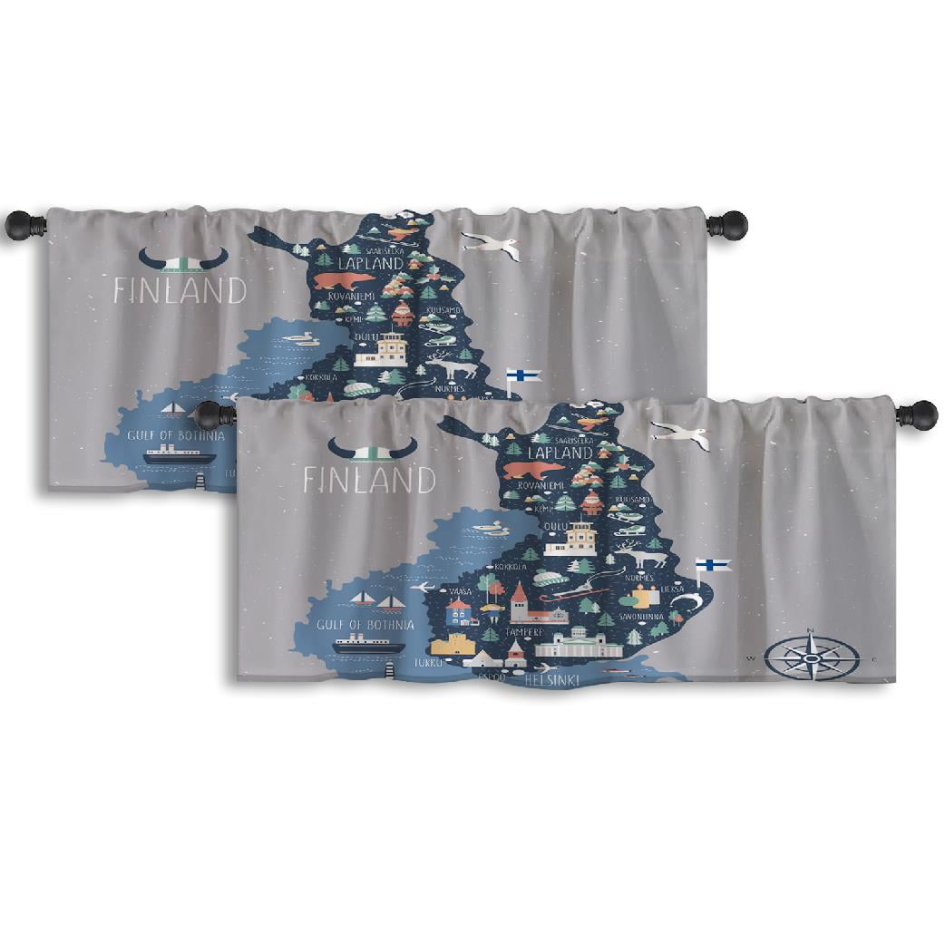 LALILO Kitchen Curtain Valance Travel Cartoon Map Rod Pocket Window ...