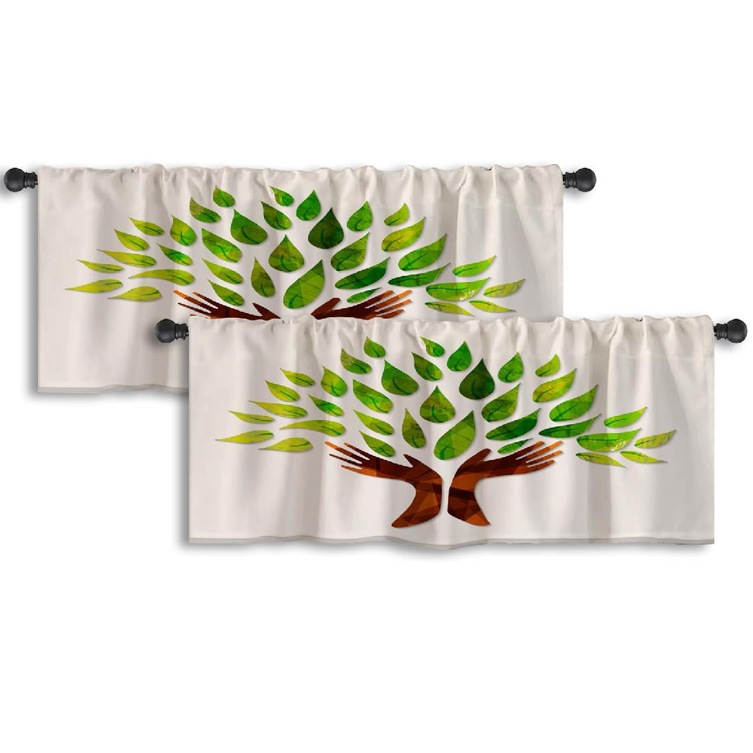 LALILO Kitchen Curtain Valance Tree Art With Wood And Green Rod Pocket ...