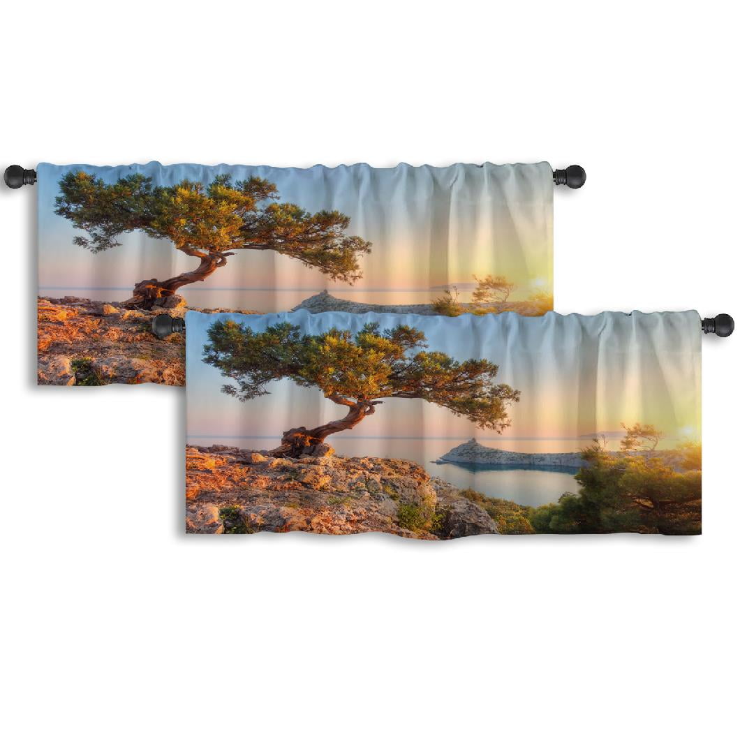 LALILO Kitchen Curtain Valance Tree Rock Sunset Rod Pocket Window ...