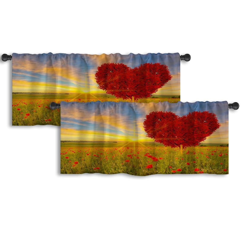 LALILO Kitchen Curtain Valance Tree Shape Red Heart Poppy Rod Pocket ...
