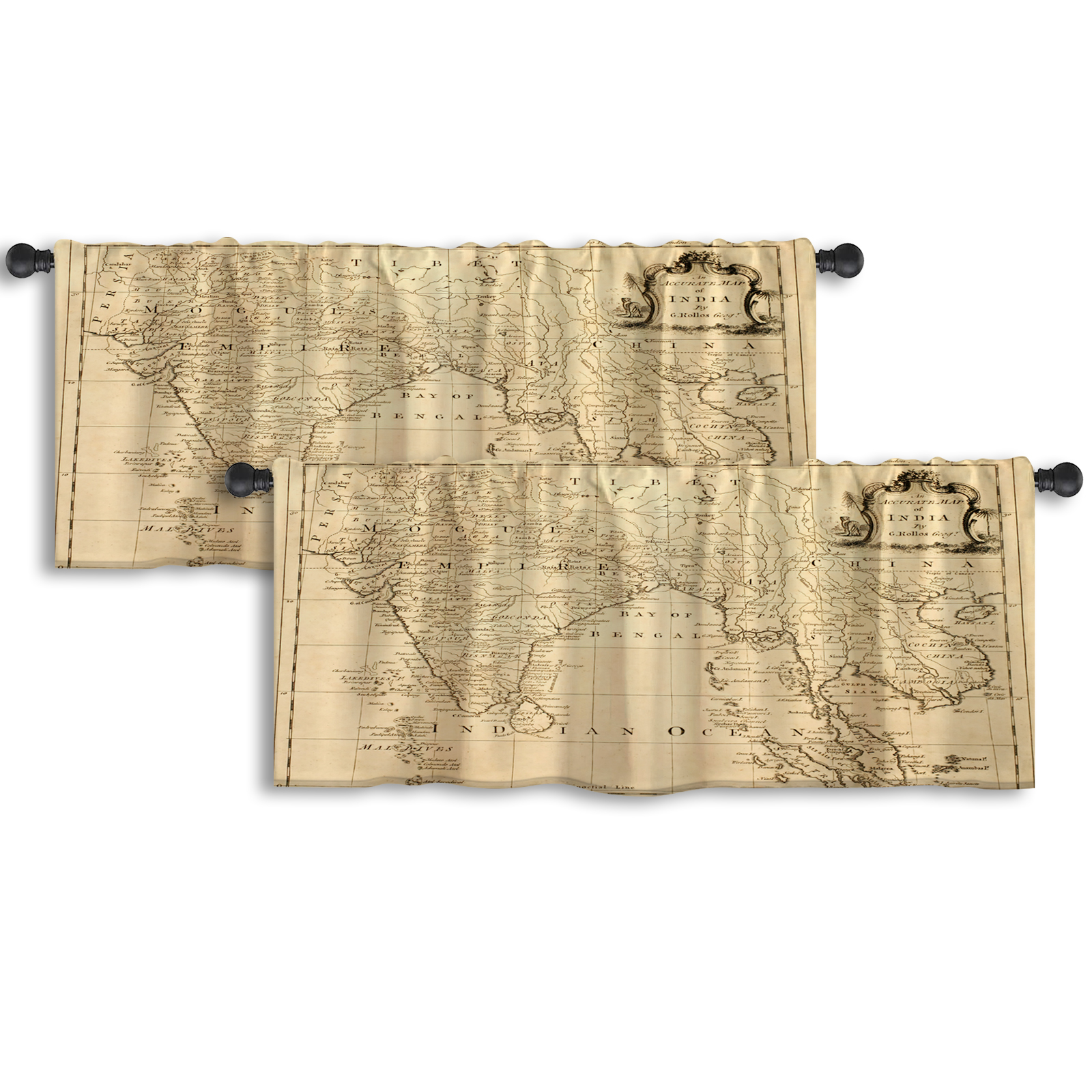 LALILO Kitchen Curtain Valance Vintage Map India And Rod Pocket Window ...