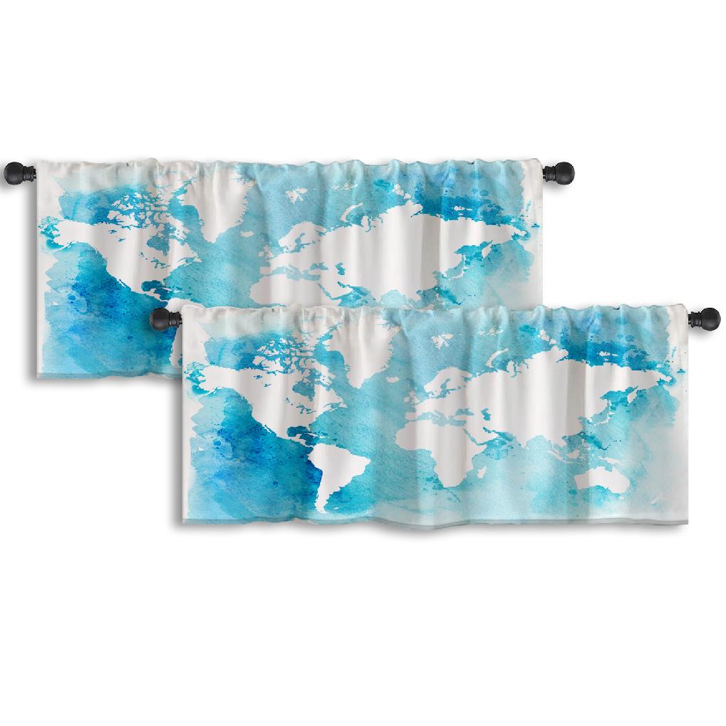 LALILO Kitchen Curtain Valance Vintage White Map World Blue Rod Pocket ...