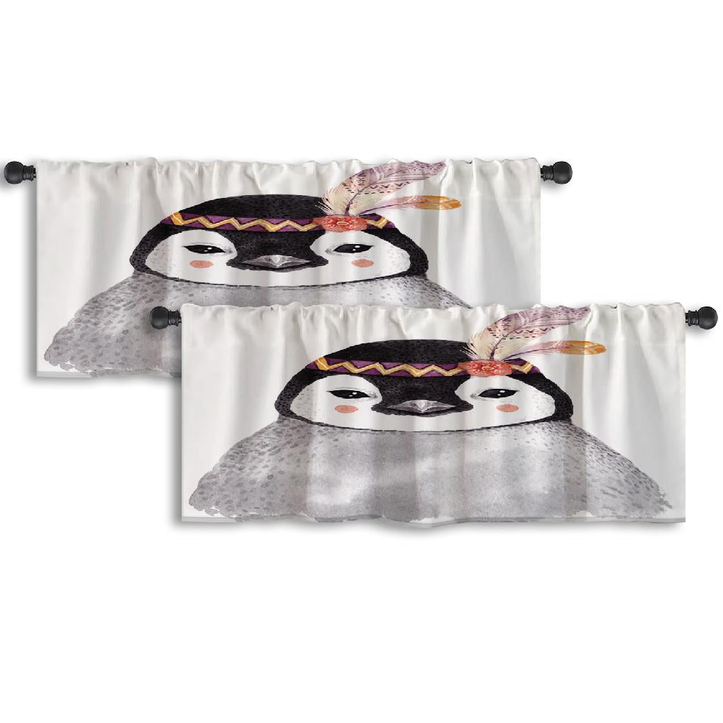 LALILO Kitchen Curtain Valance Watercolor Penguin Portrait Rod Pocket ...