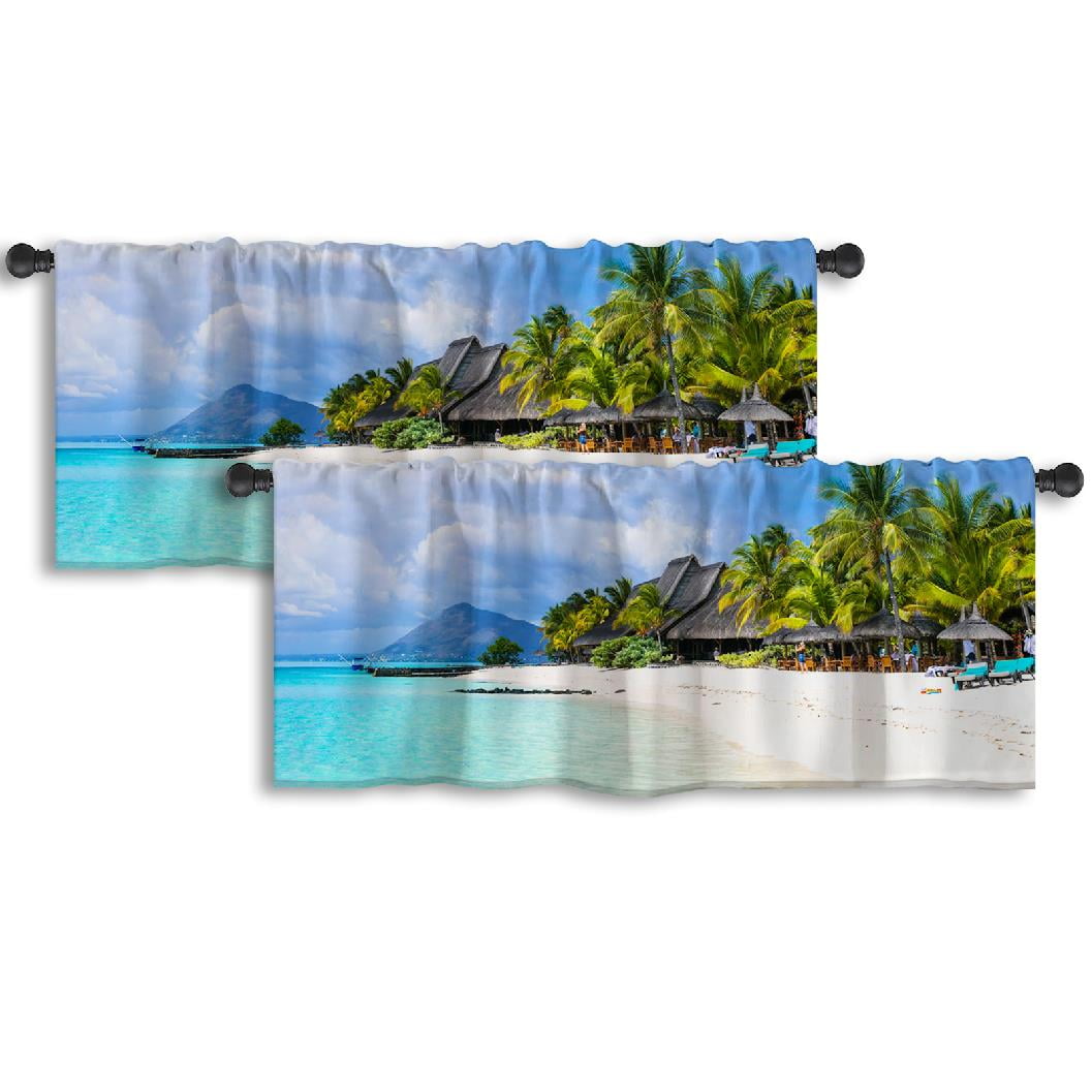 LALILO Kitchen Curtain Valance White Beaches Island Tropical Rod Pocket ...