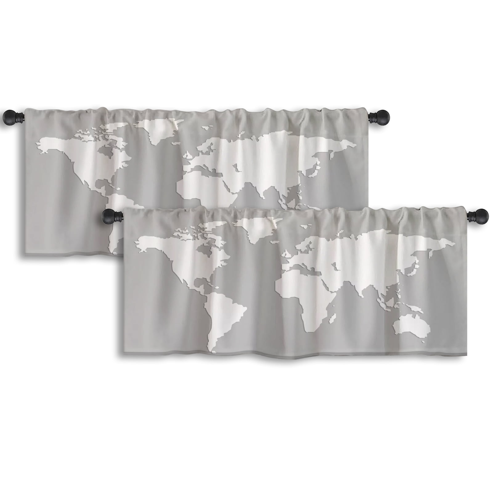 LALILO Kitchen Curtain Valance White Map Gray World Rod Pocket Window ...
