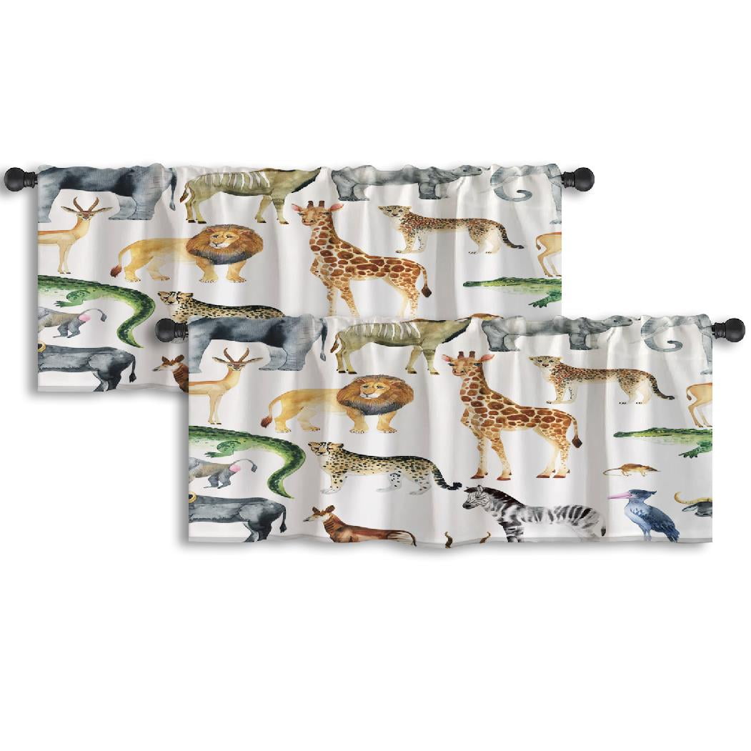 LALILO Kitchen Curtain Valance Wild Animals Giraffe Elephant Rod Pocket ...