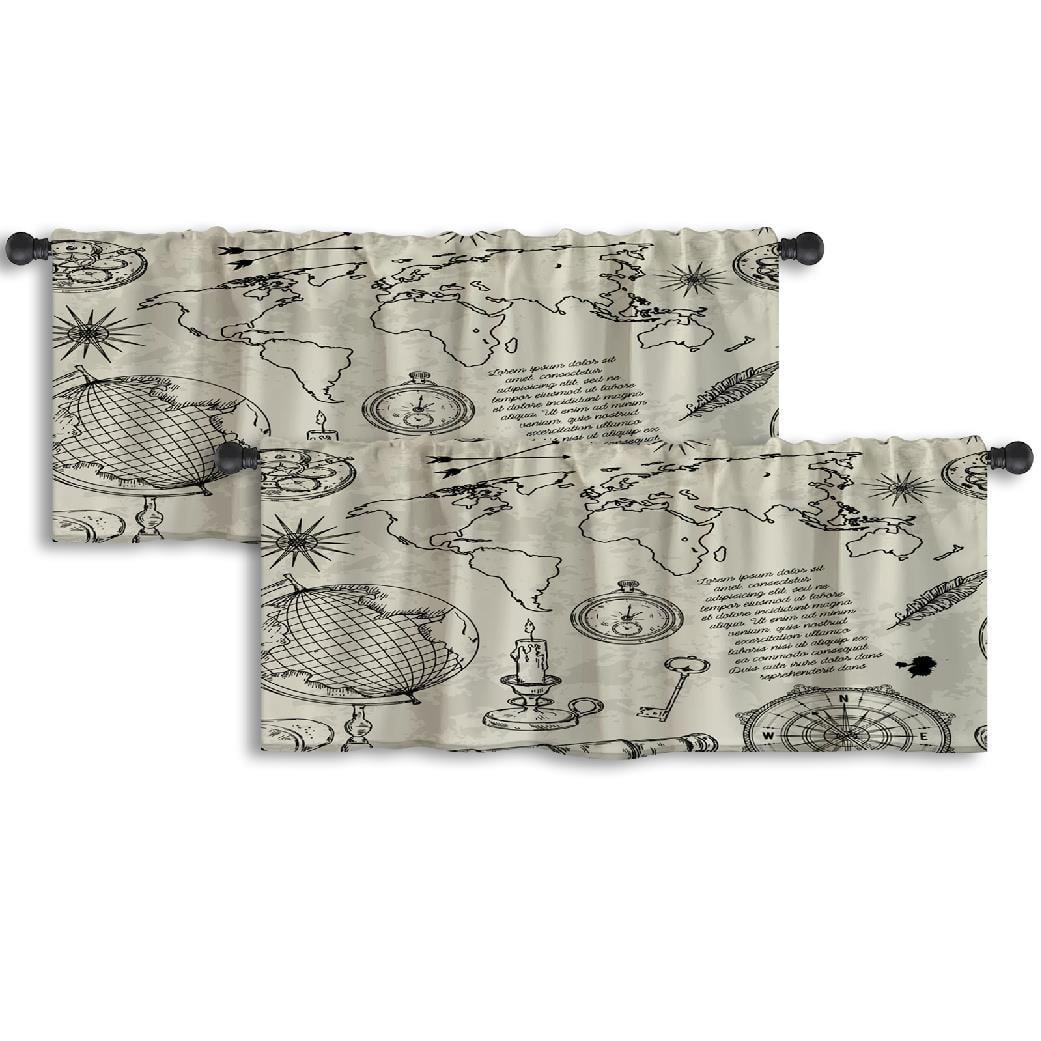 LALILO Kitchen Curtain Valance With Globe Compass World Map Rod Pocket ...