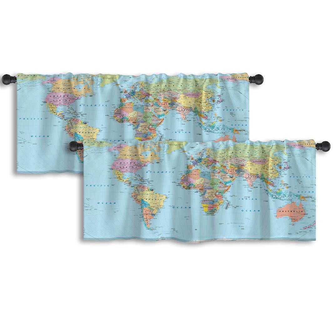 LALILO Kitchen Curtain Valance World Map Borders Countries And Rod ...