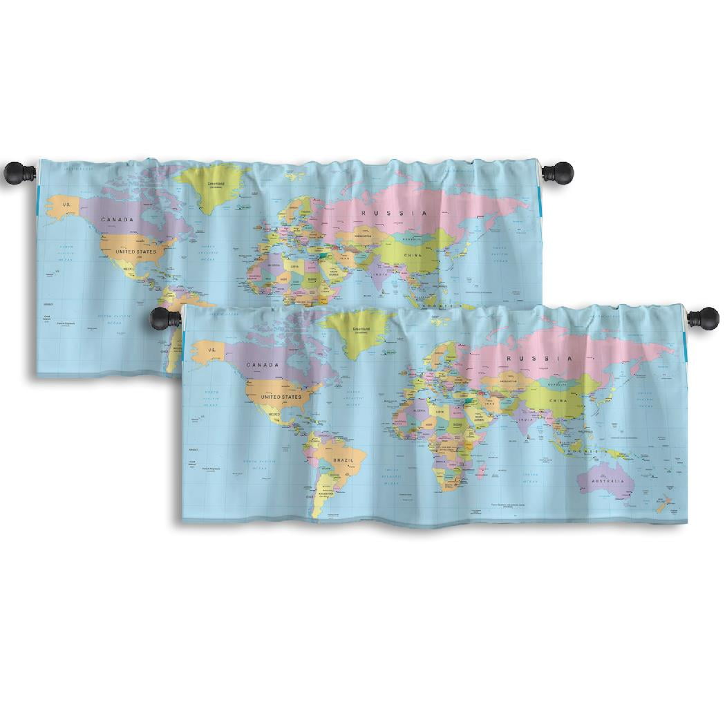 LALILO Kitchen Curtain Valance World Map Borders Rod Pocket Window ...