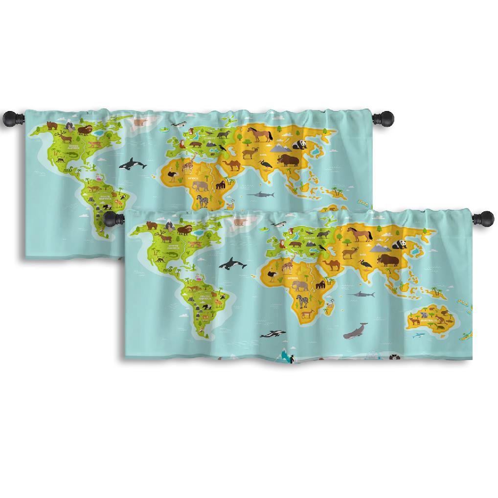 LALILO Kitchen Curtain Valance World Map With Rod Pocket Window Curtain ...
