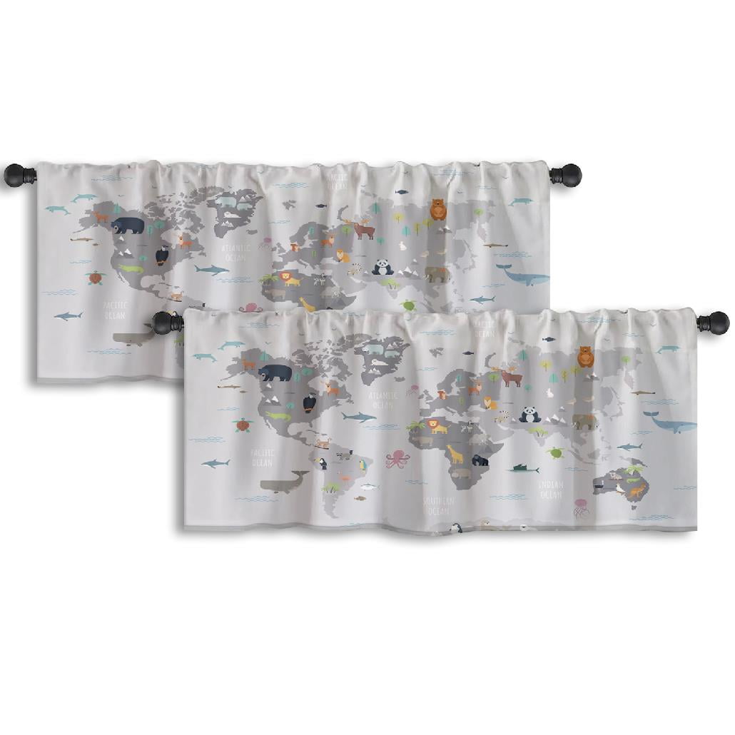 LALILO Kitchen Curtain Valance World Map With Wild Animals Rod Pocket ...