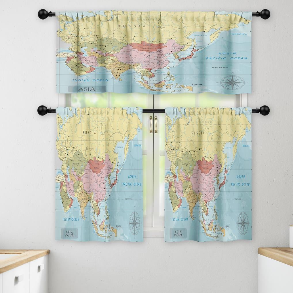 LALILO Kitchen Curtains and Valances Set of 3 36" Asia Map Window ...
