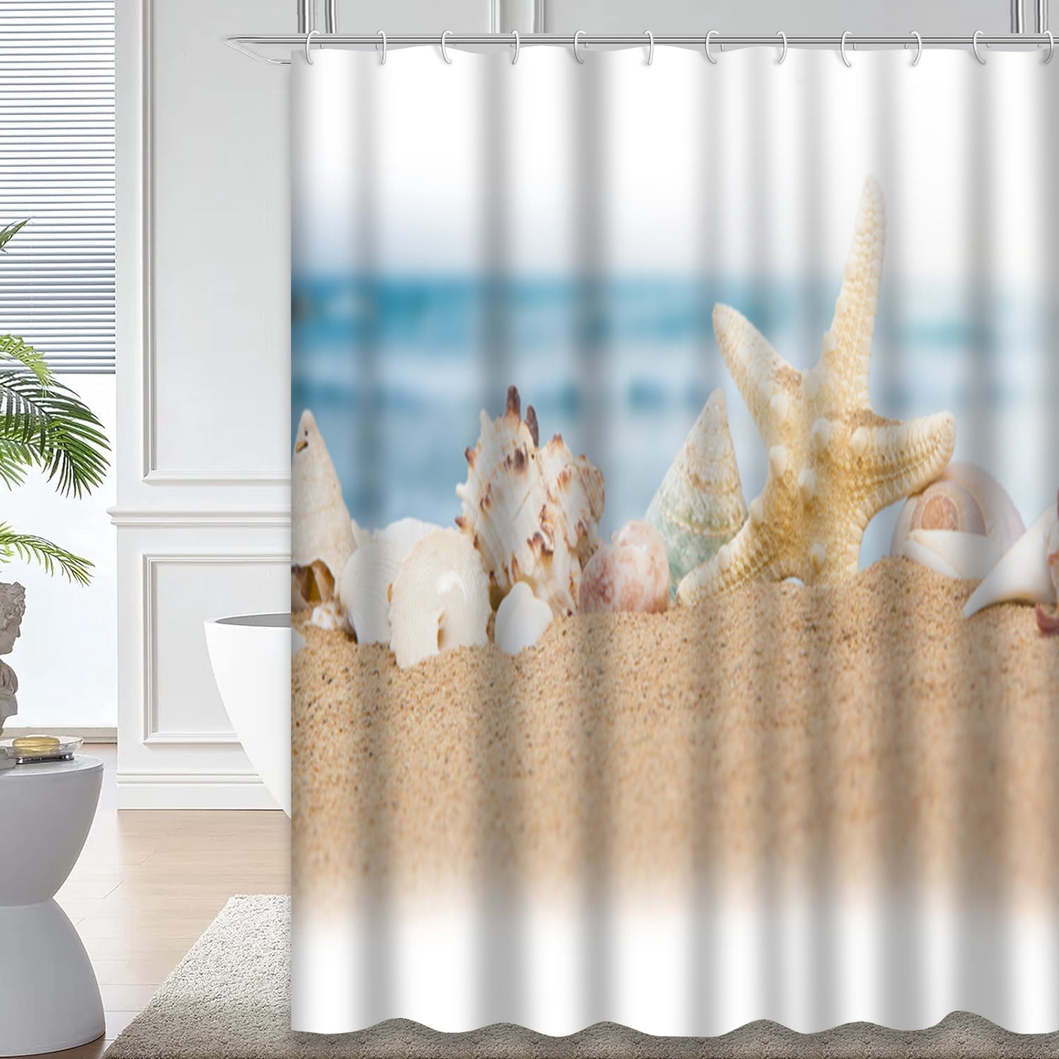 LALILO Sea Sky Blue Waterproof Shower Curtain,Seashells Wooden Desk Sea ...