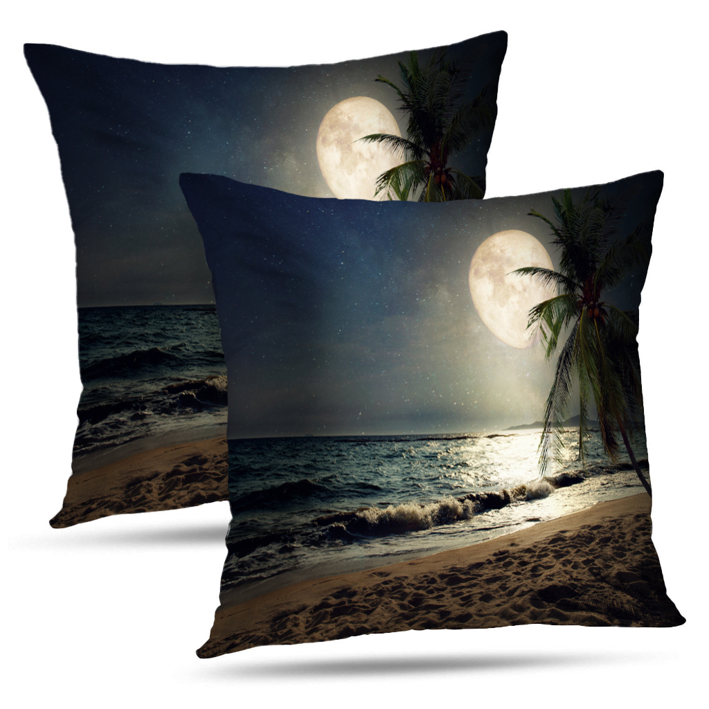 LALILO Throw Pillow Covers Beautiful Fantasy Tropical Beach With Star And Full Moon Beach Full ...