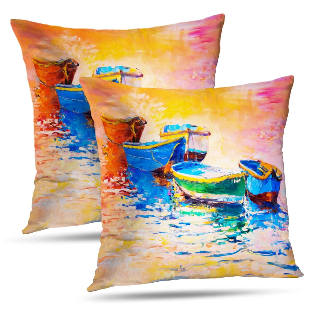 LALILO Throw Pillow Covers Blue Oil Artwork Canvas Fishing Oil Boat ...
